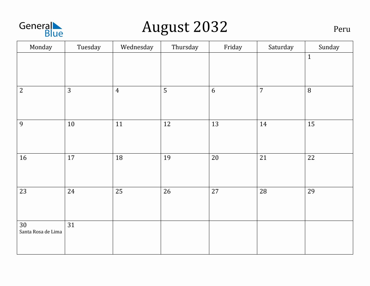 August 2032 - Peru Monthly Calendar with Holidays