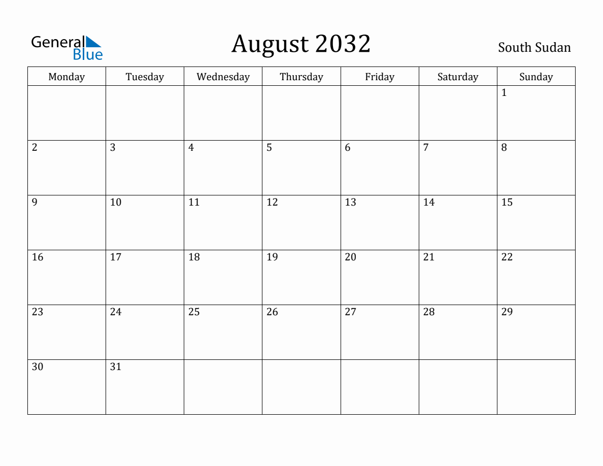 August 2032 - South Sudan Monthly Calendar with Holidays