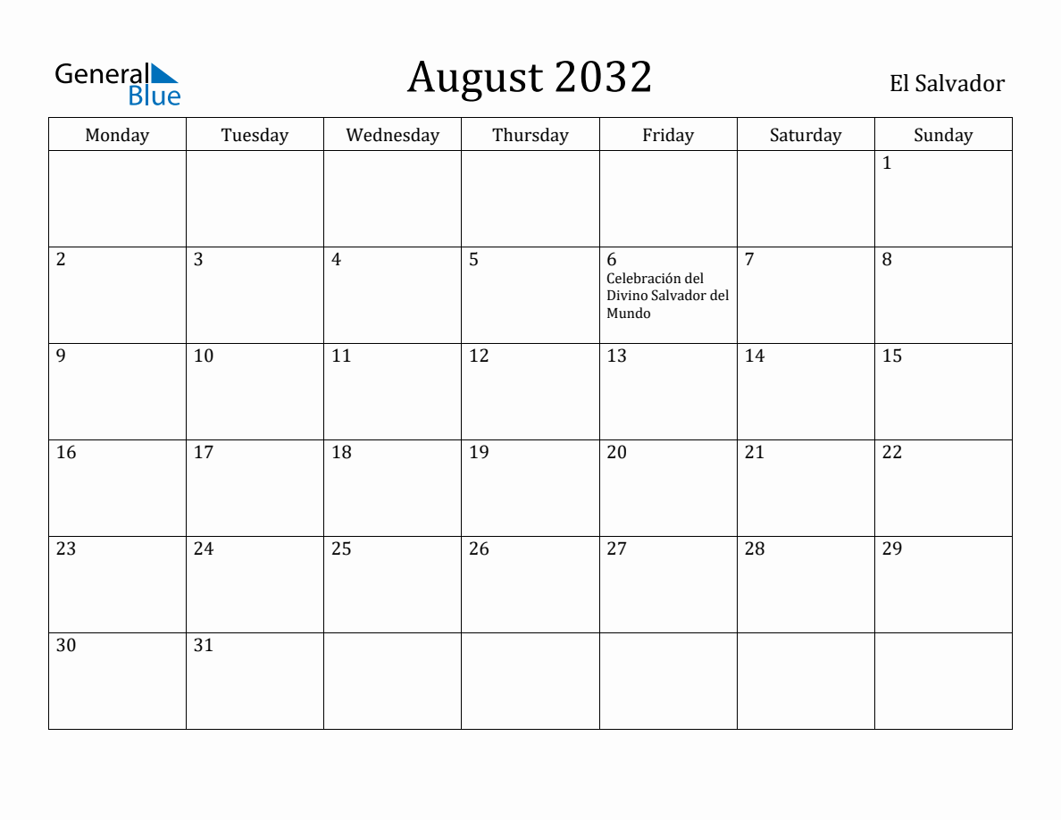 August 2032 - El Salvador Monthly Calendar with Holidays