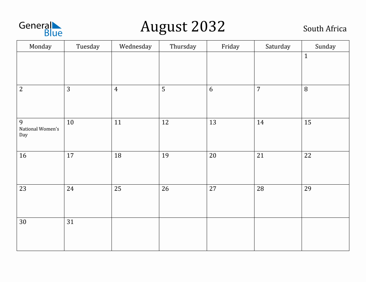 August 2032 - South Africa Monthly Calendar with Holidays