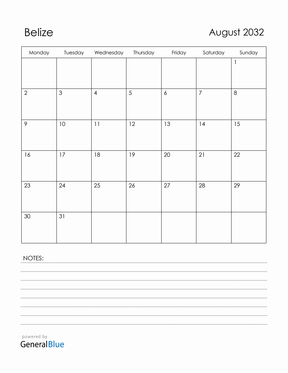 August 2032 Belize Calendar with Holidays (Monday Start)