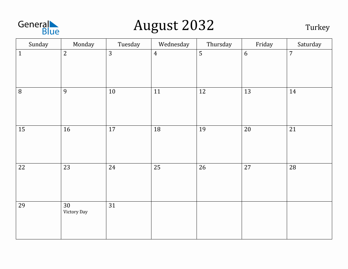 August 2032 Monthly Calendar with Turkey Holidays