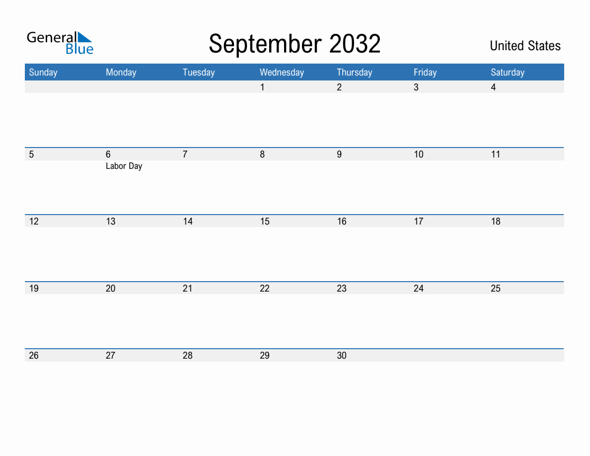 September 2032 Monthly Calendar with United States Holidays
