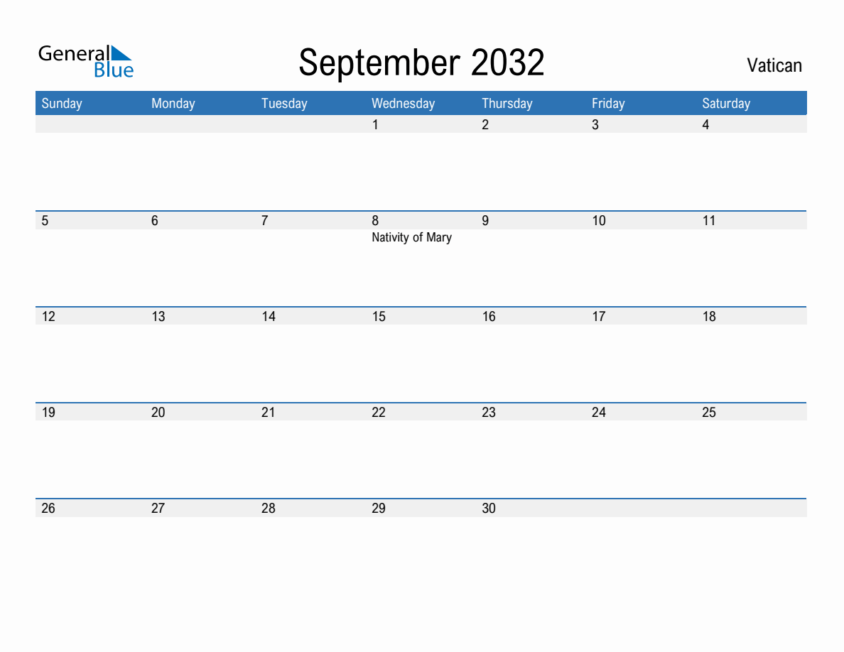 September 2032 Monthly Calendars with Vatican Holidays