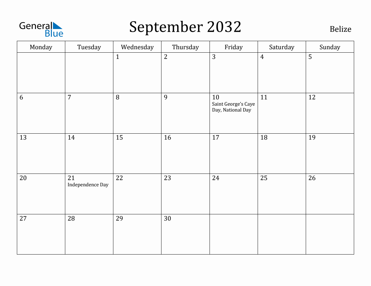 September 2032 Monthly Calendar with Belize Holidays