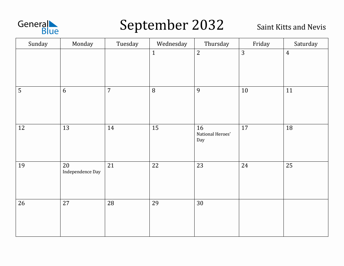 September 2032 Monthly Calendar with Saint Kitts and Nevis Holidays