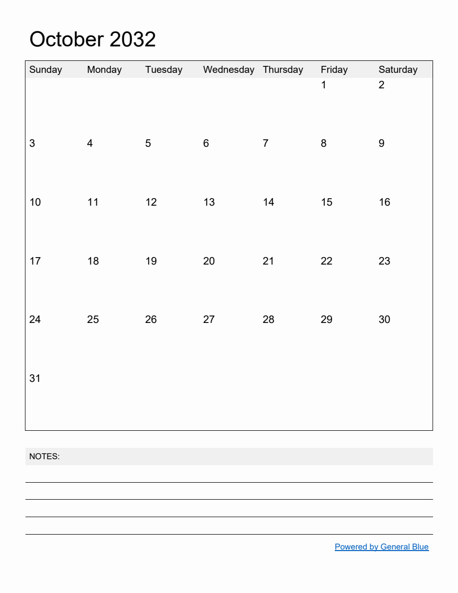 Free Printable Monthly Calendar for October 2032
