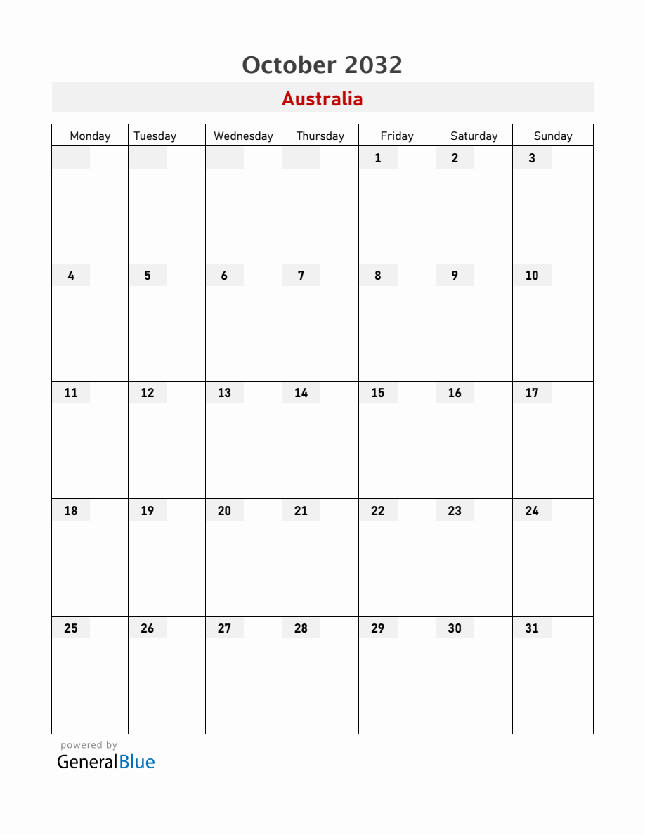 Australia October 2032 Calendar with Holidays (Monday Start)