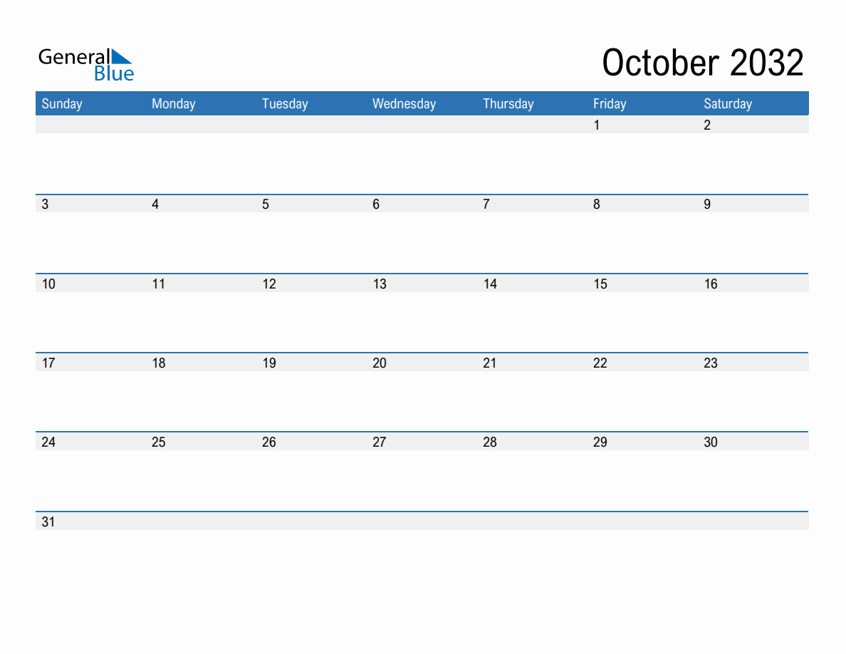 Editable Calendar Template for October 2032