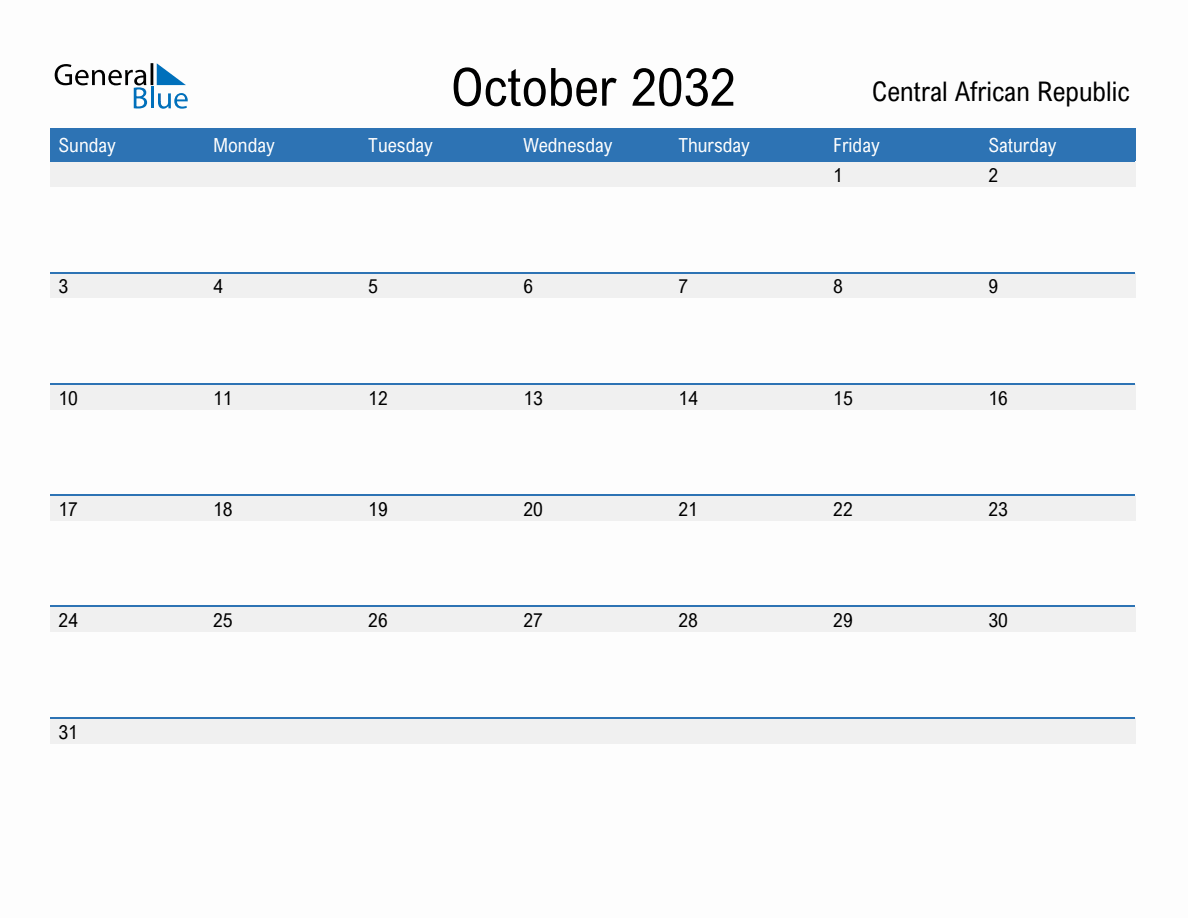 October 2032 Monthly Calendar with Central African Republic Holidays
