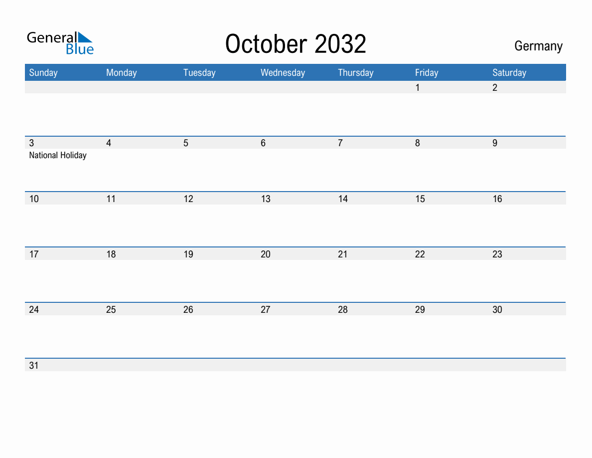 October 2032 Monthly Calendars with Germany Holidays