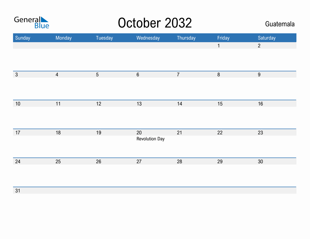 October 2032 Monthly Calendar with Guatemala Holidays