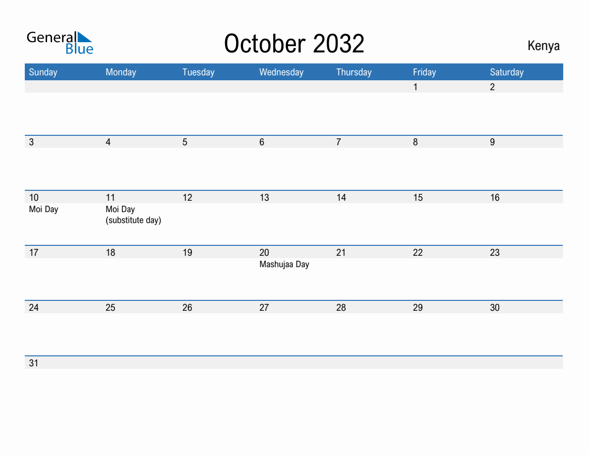 October 2032 Monthly Calendars with Kenya Holidays