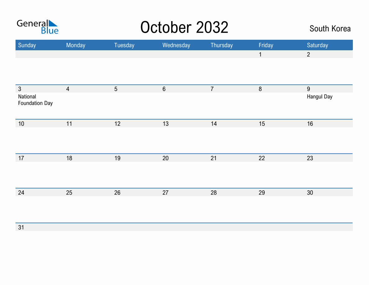 October 2032 Monthly Calendars with South Korea Holidays