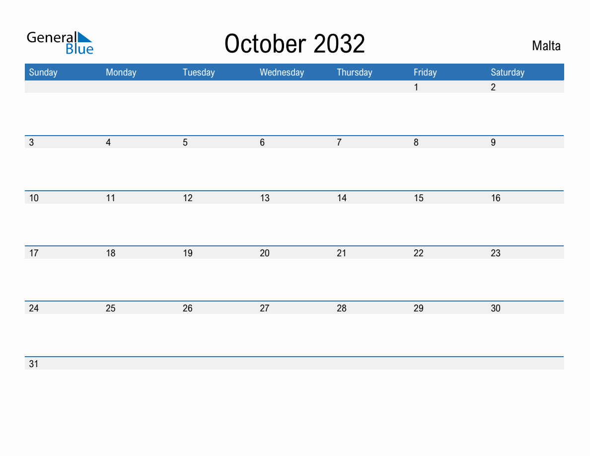 October 2032 Monthly Calendars with Malta Holidays