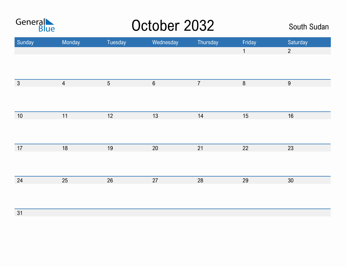 October 2032 Monthly Calendars with South Sudan Holidays