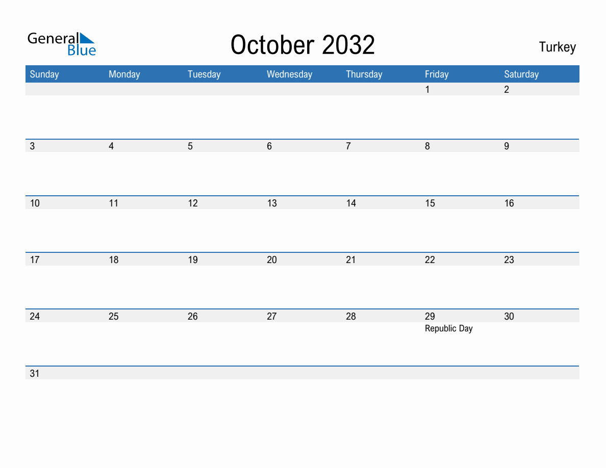 October 2032 Monthly Calendar with Turkey Holidays