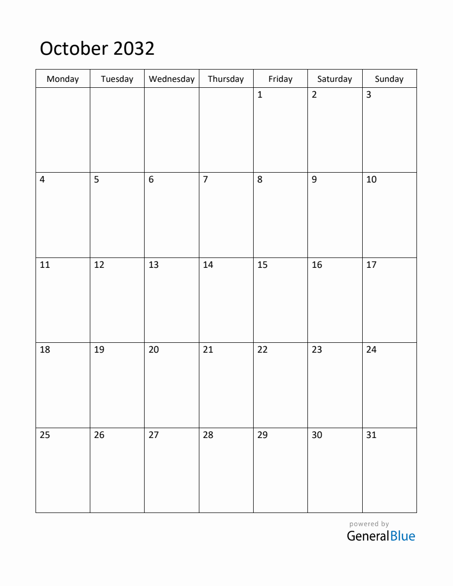 Editable October 2032 Monthly Calendar - Monday Start