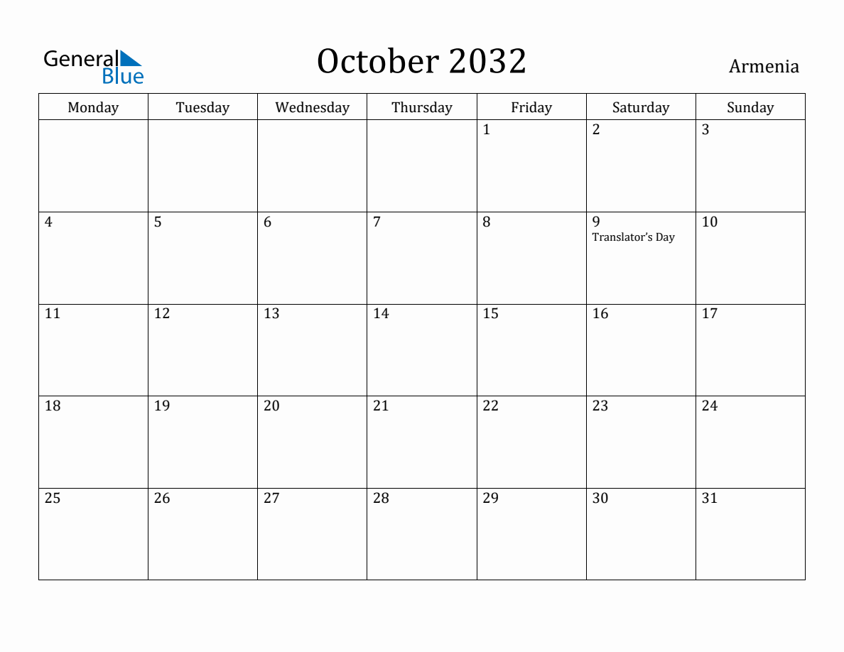 October 2032 Monthly Calendar with Armenia Holidays