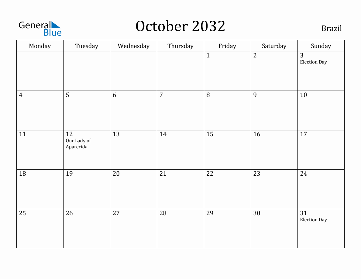 October 2032 - Brazil Monthly Calendar with Holidays