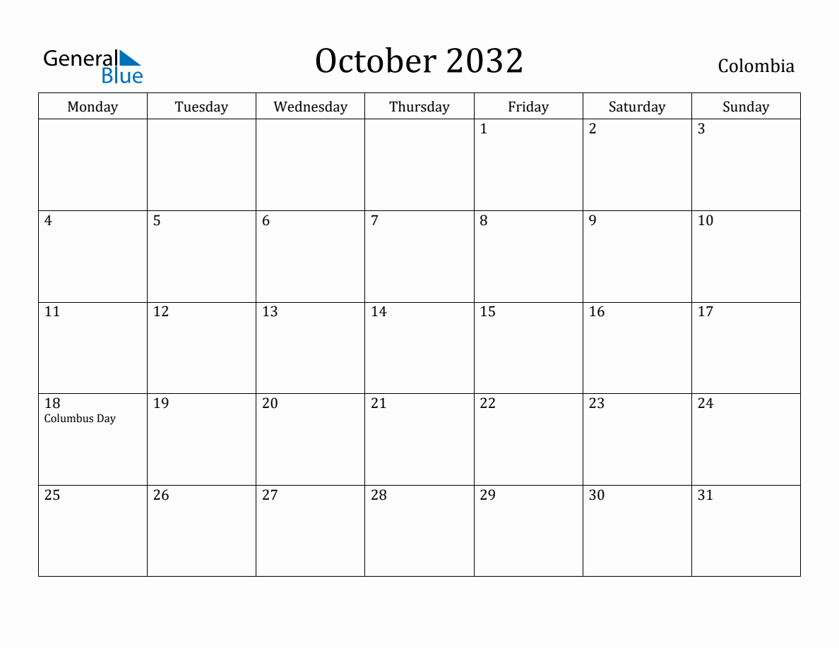 October 2032 - Colombia Monthly Calendar with Holidays