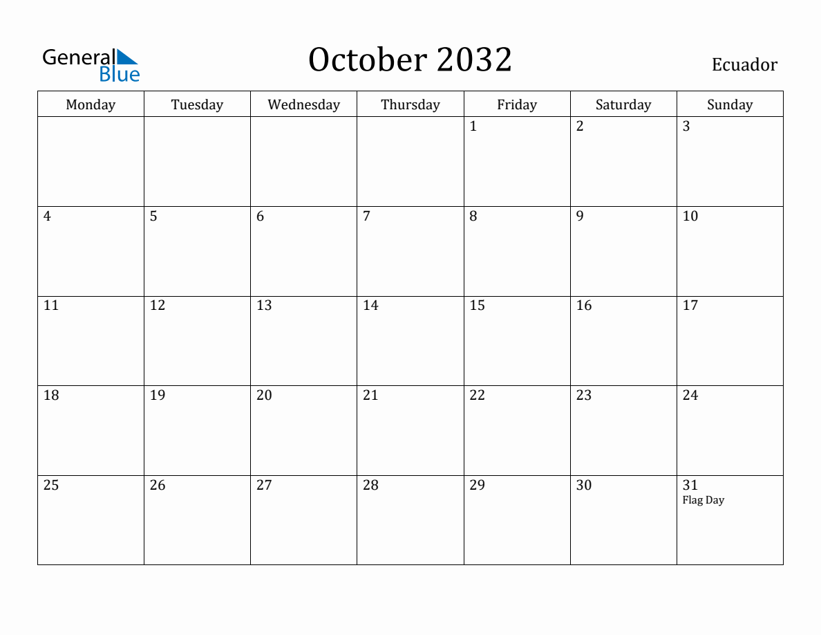 October 2032 - Ecuador Monthly Calendar with Holidays
