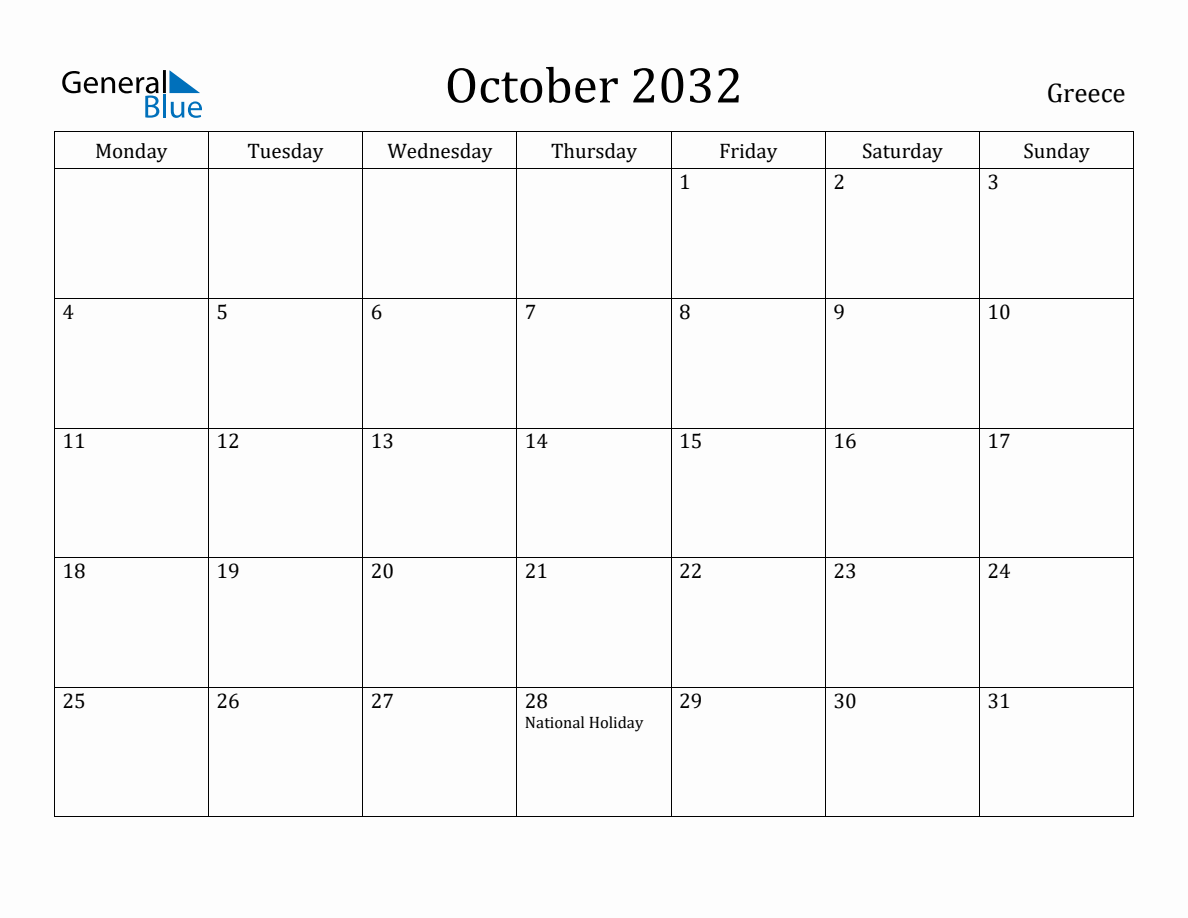 October 2032 - Greece Monthly Calendar with Holidays