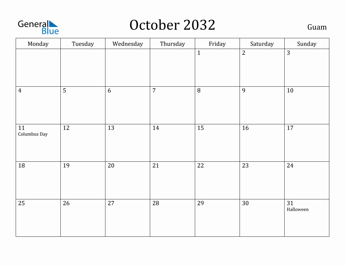 Guam Monthly Calendar - October 2032 (Monday Start)