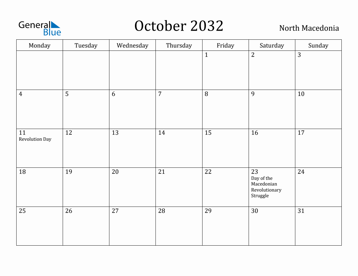 October 2032 Monthly Calendar with North Macedonia Holidays (Monday Start)