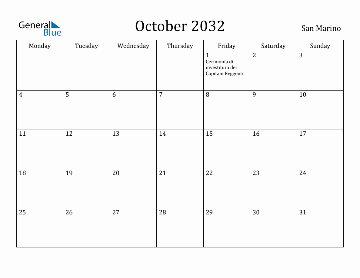 October 2032 - San Marino Monthly Calendar with Holidays