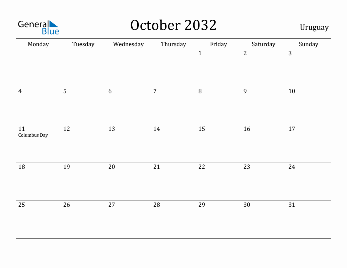 Uruguay Monthly Calendar - October 2032 (Monday Start)
