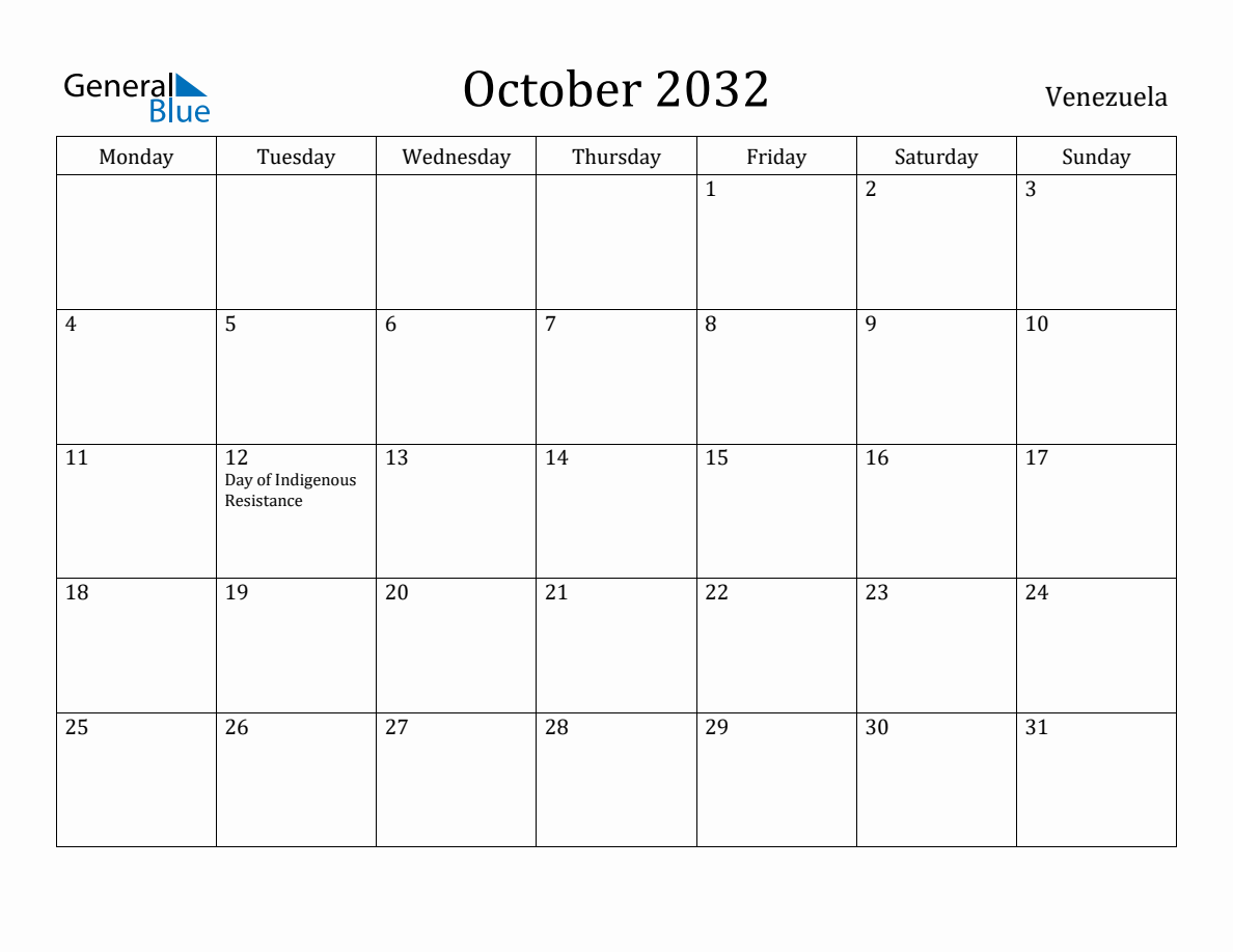 October 2032 Monthly Calendar with Venezuela Holidays (Monday Start)