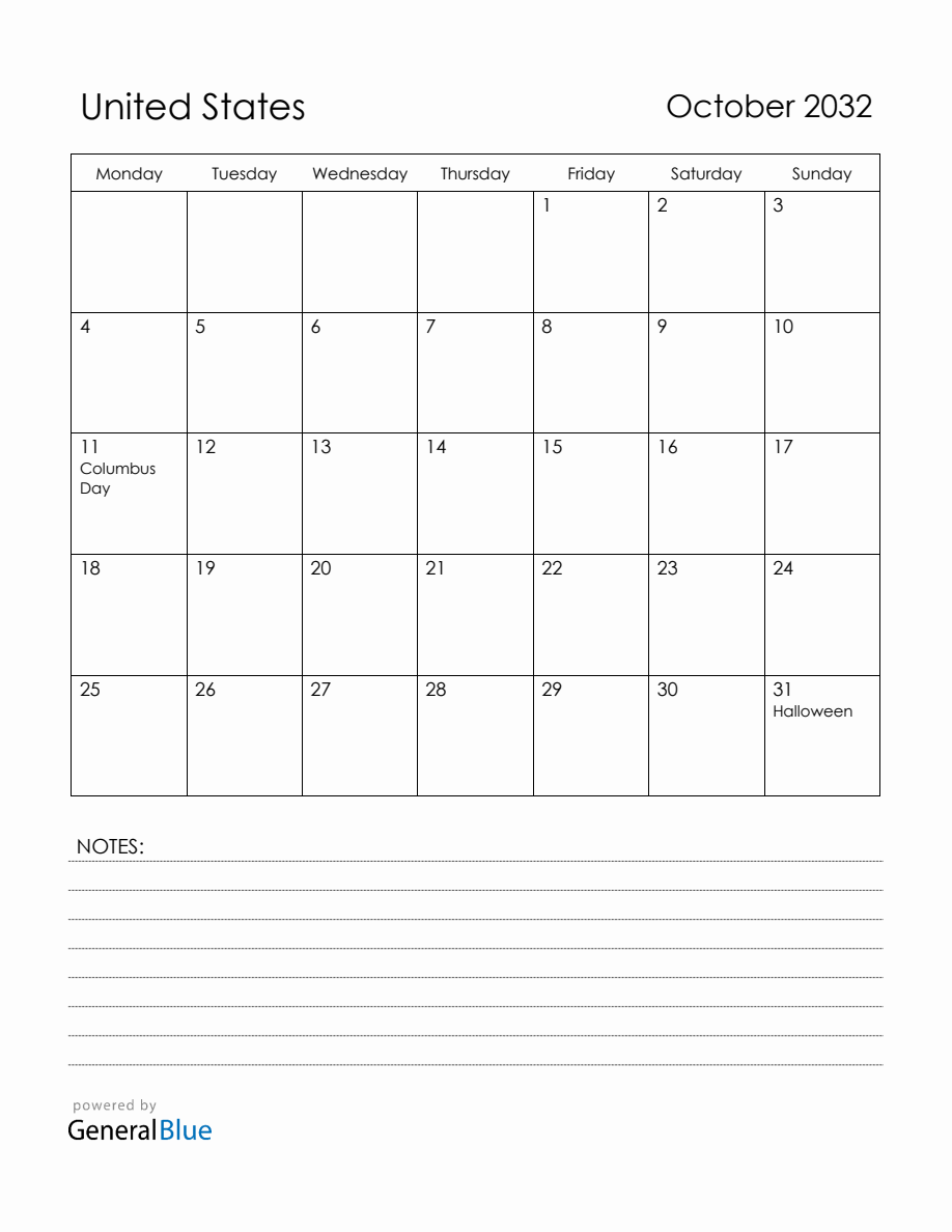 October 2032 United States Calendar with Holidays (Monday Start)