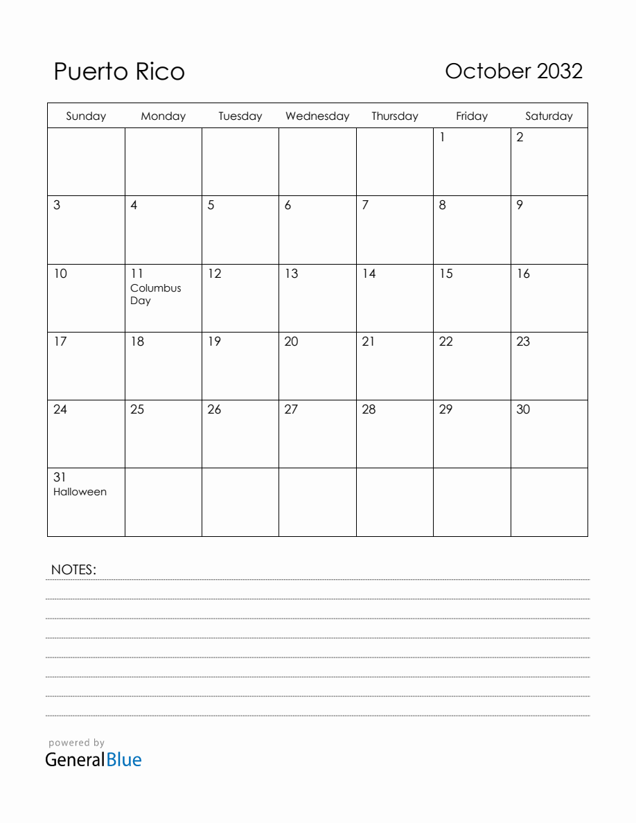 October 2032 Puerto Rico Calendar with Holidays