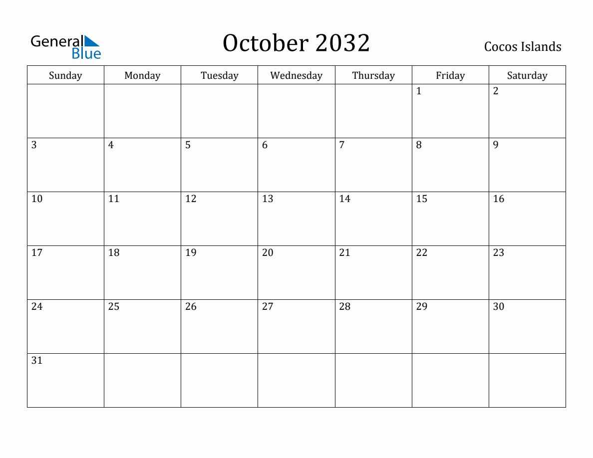 October 2032 Monthly Calendar with Cocos Islands Holidays