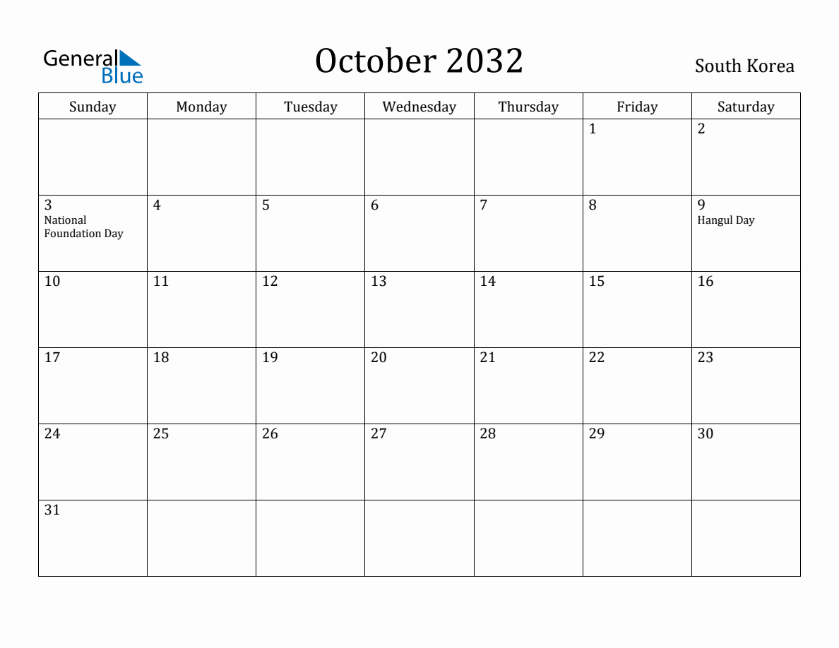 October 2032 Monthly Calendar with South Korea Holidays