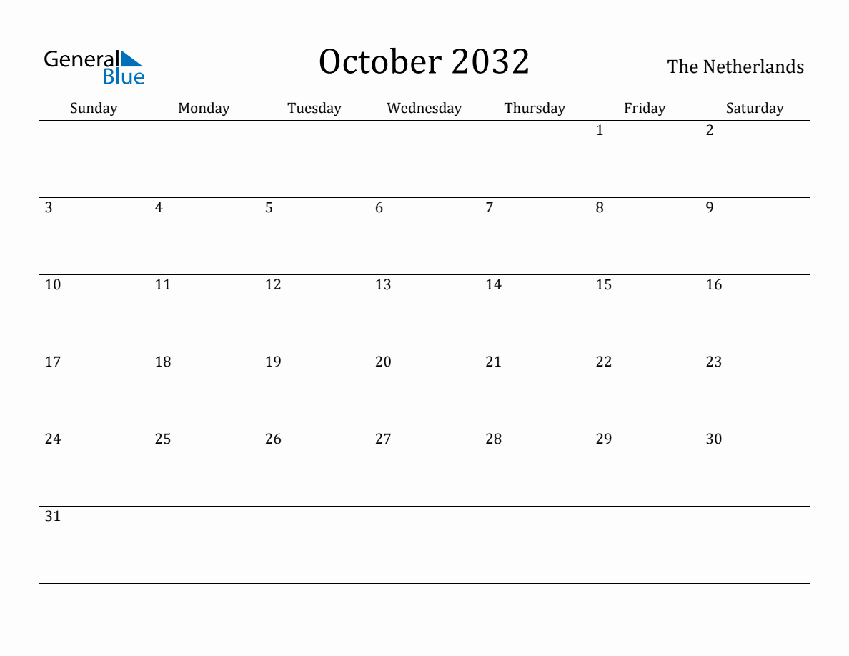 October 2032 Monthly Calendar with The Netherlands Holidays