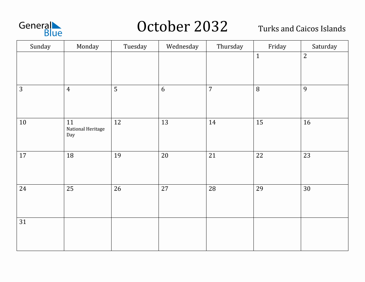 October 2032 Monthly Calendar with Turks and Caicos Islands Holidays