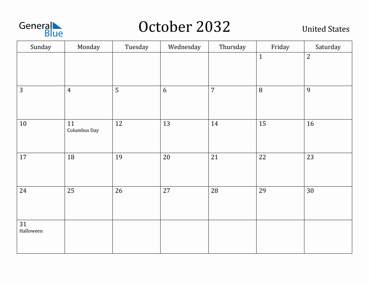 October 2032 Monthly Calendar with United States Holidays