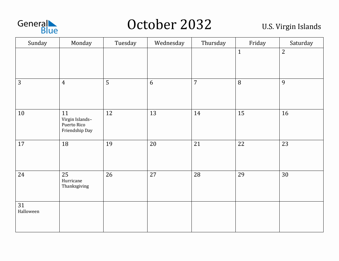 October 2032 Monthly Calendar with U.S. Virgin Islands Holidays
