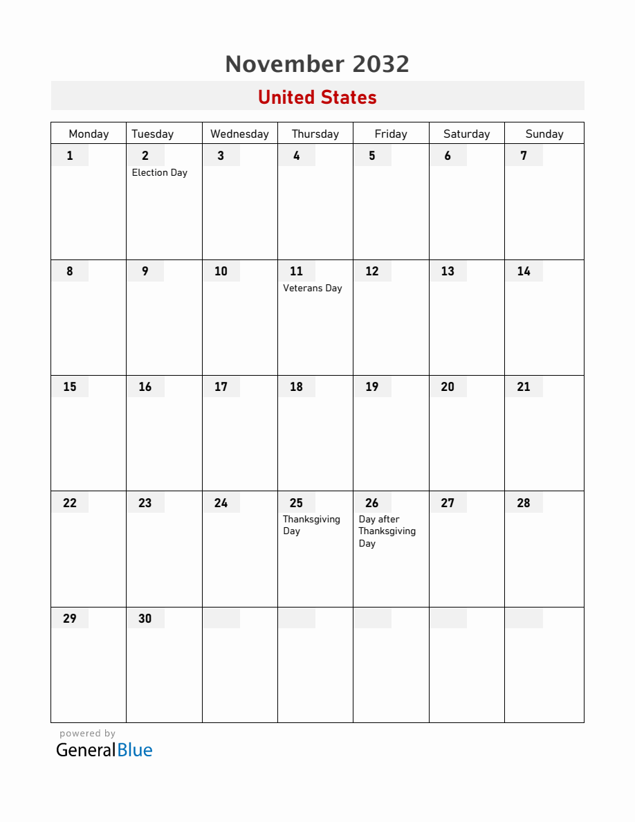United States November 2032 Calendar with Holidays