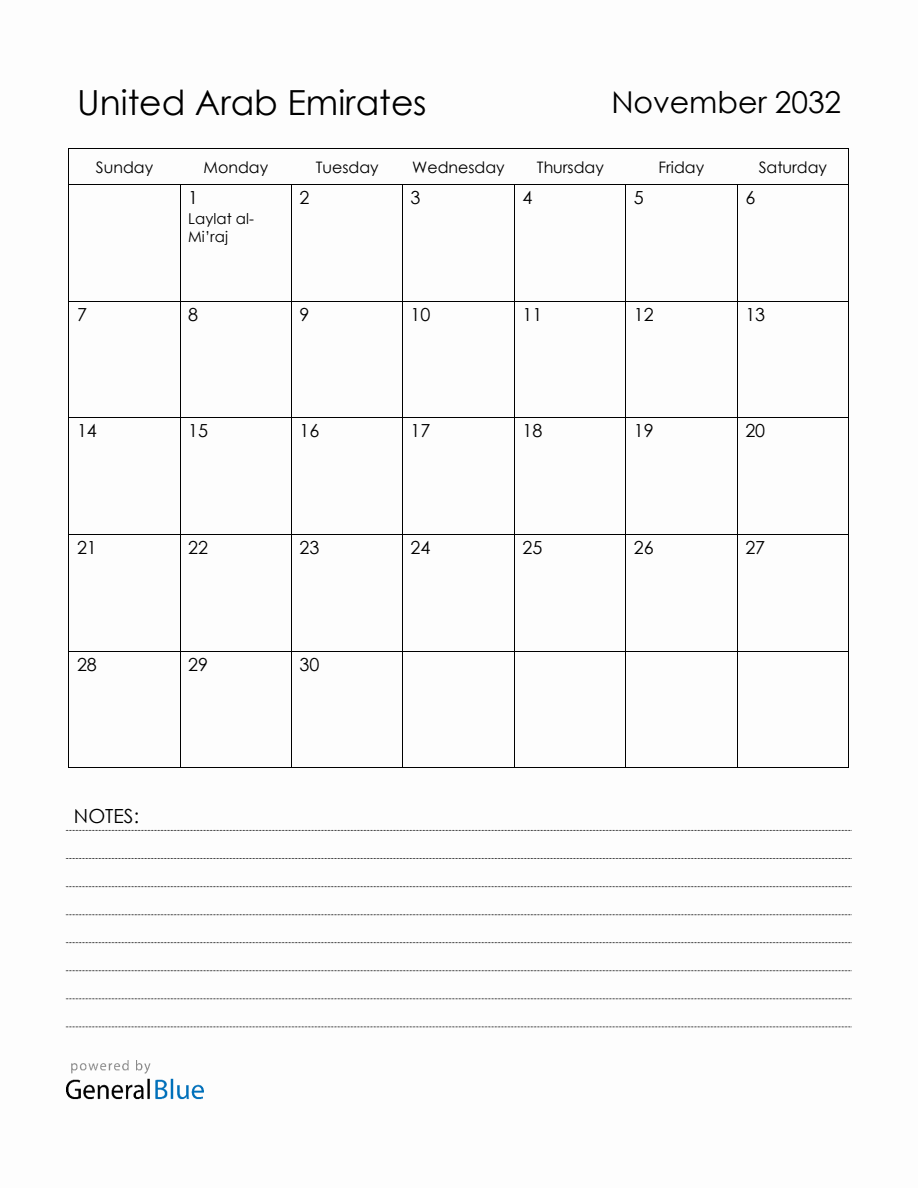November 2032 United Arab Emirates Calendar with Holidays