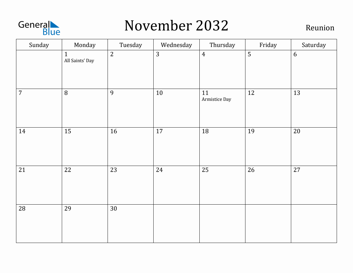 November 2032 Monthly Calendar with Reunion Holidays