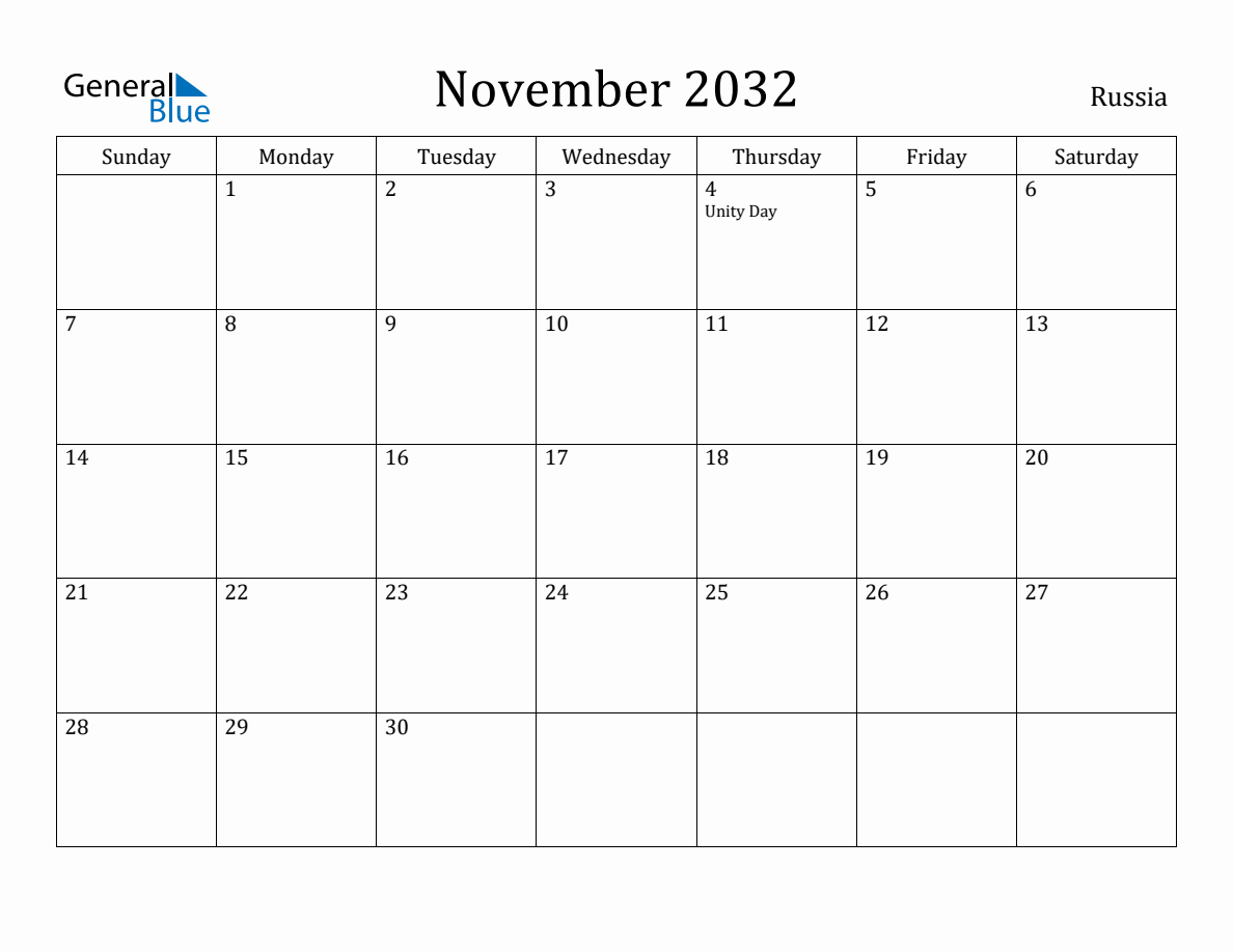 November 2032 Monthly Calendar with Russia Holidays
