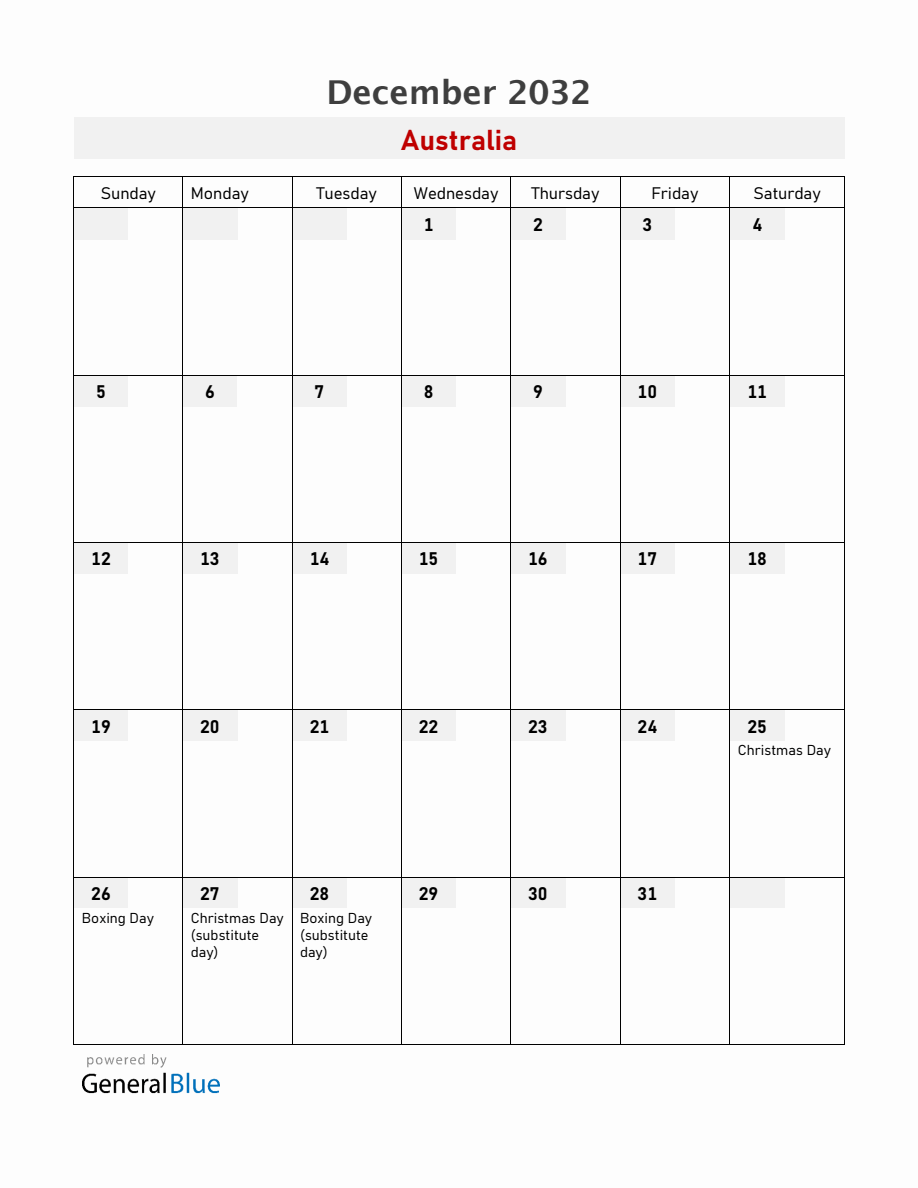 Australia December 2032 Calendar with Holidays