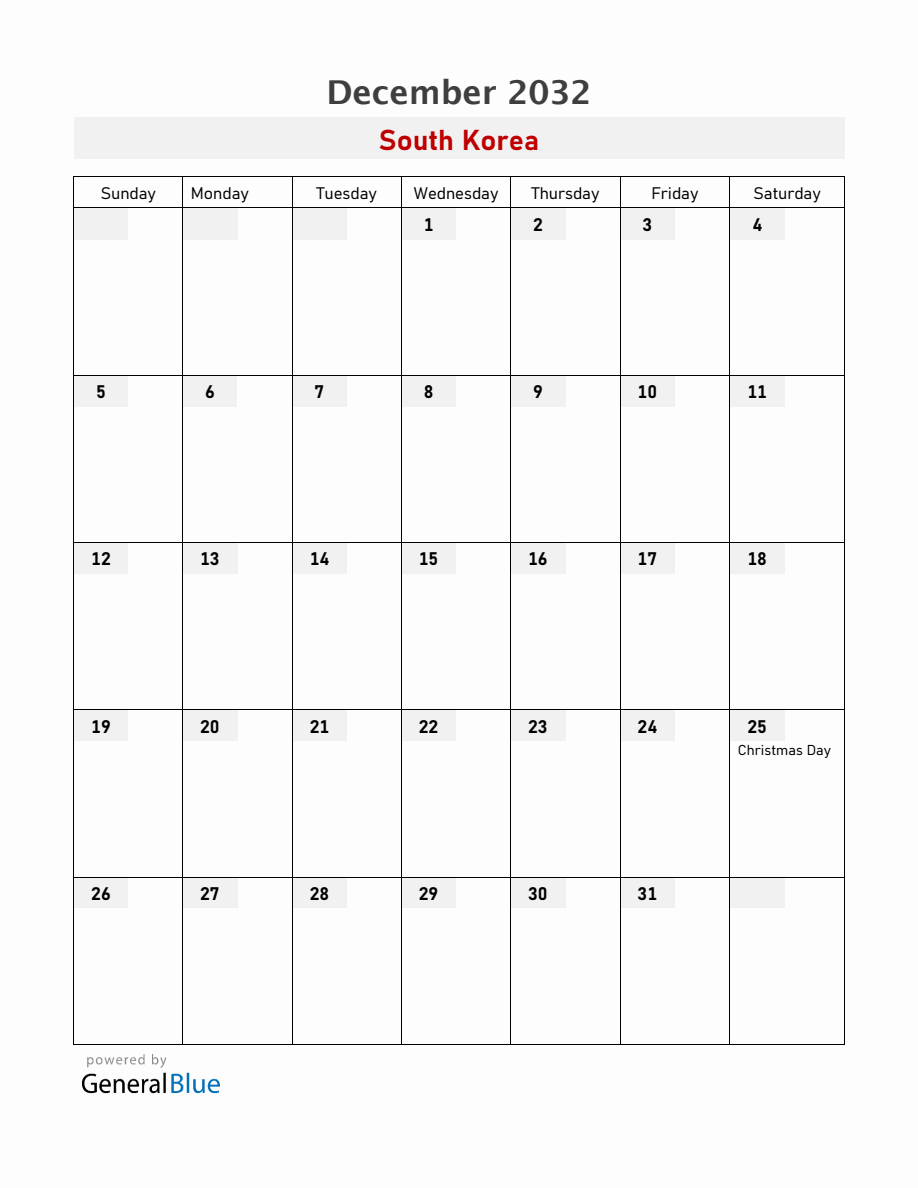 South Korea December 2032 Calendar with Holidays
