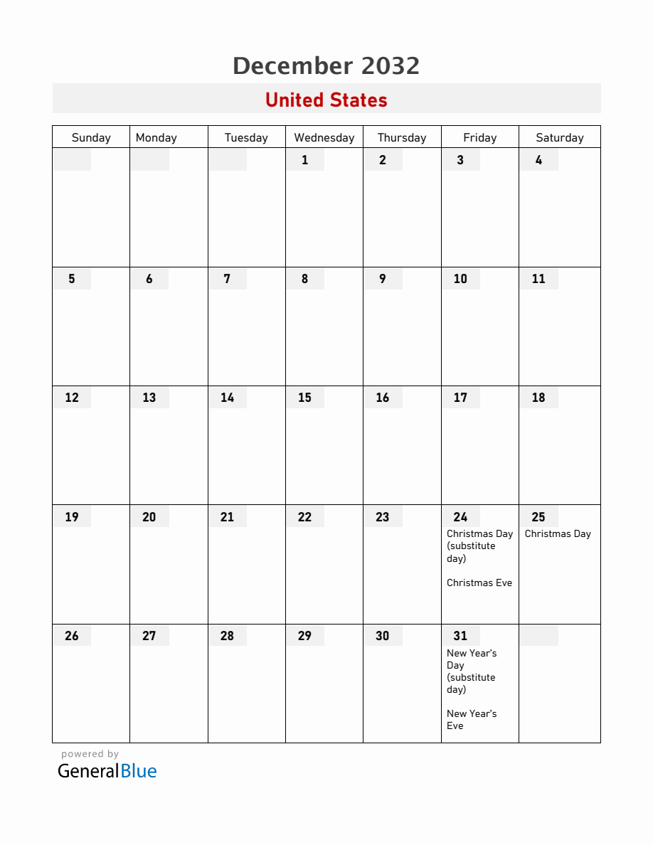 United States December 2032 Calendar with Holidays