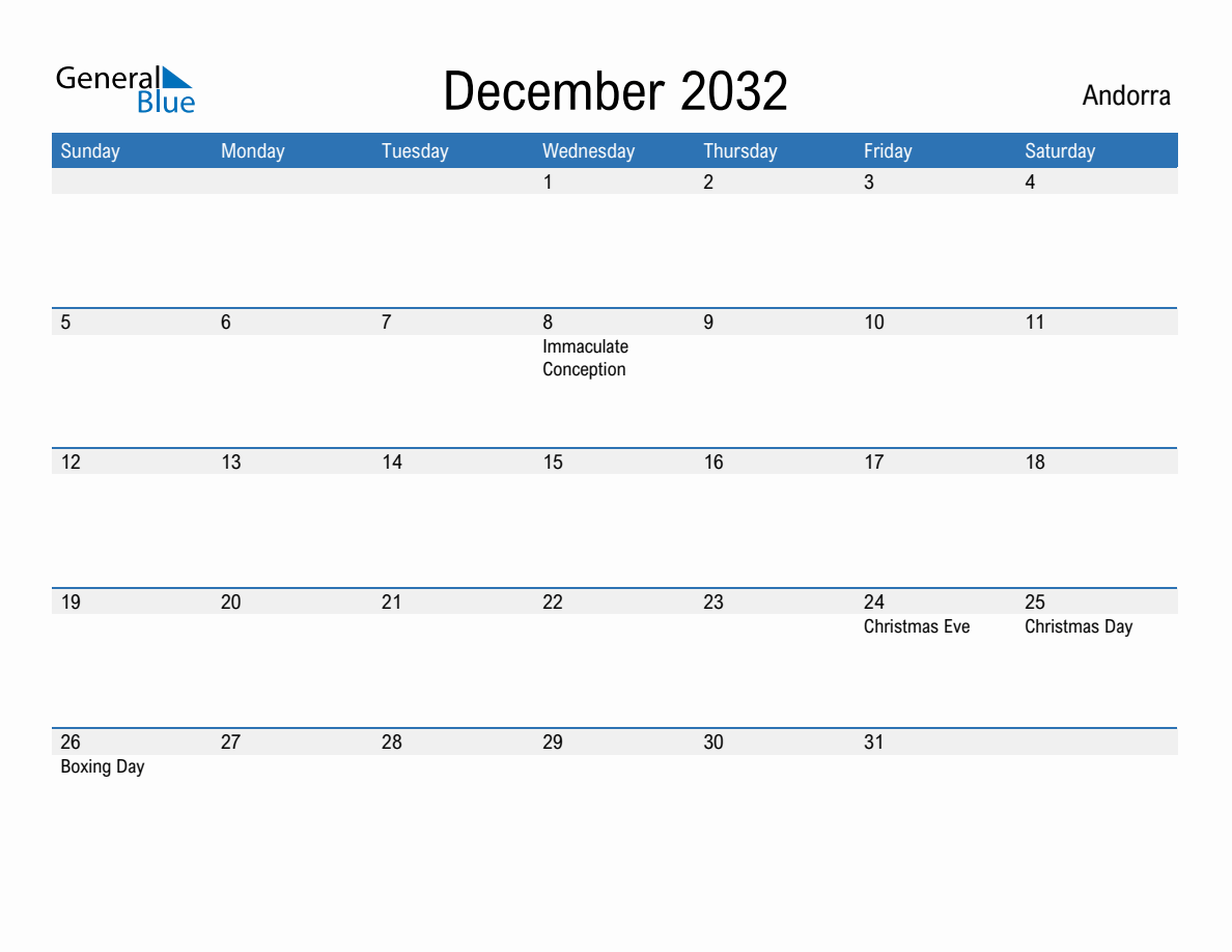 December 2032 Monthly Calendars with Andorra Holidays