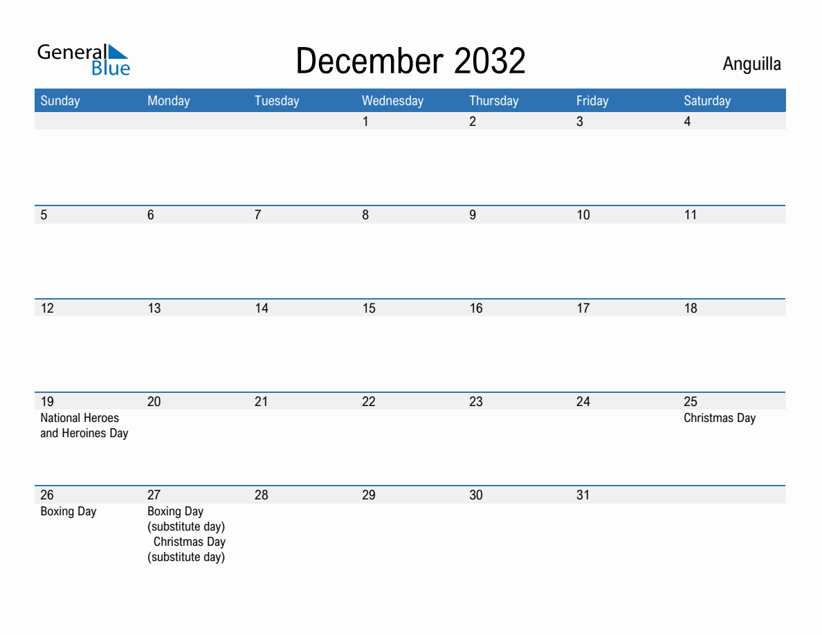 December 2032 Monthly Calendars with Anguilla Holidays