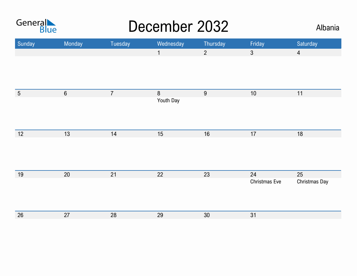 December 2032 Monthly Calendar with Albania Holidays